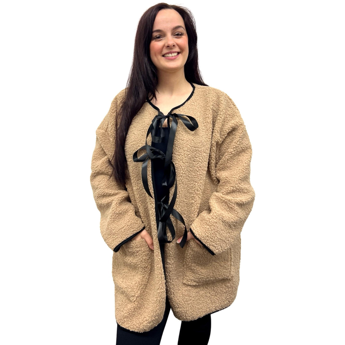 Teddy Coat With Bow Tie Details And Suede Effect Inside Super Cosy And ...